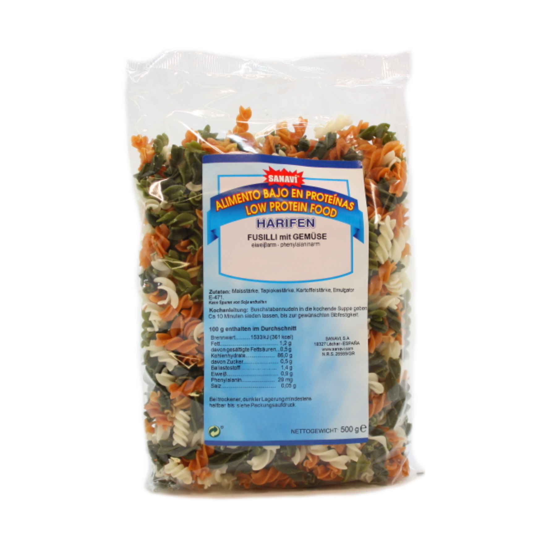 Sanavi Harifen Low Protein Tri Color Fusilli Pasta- 500g: PKU Perspectives
